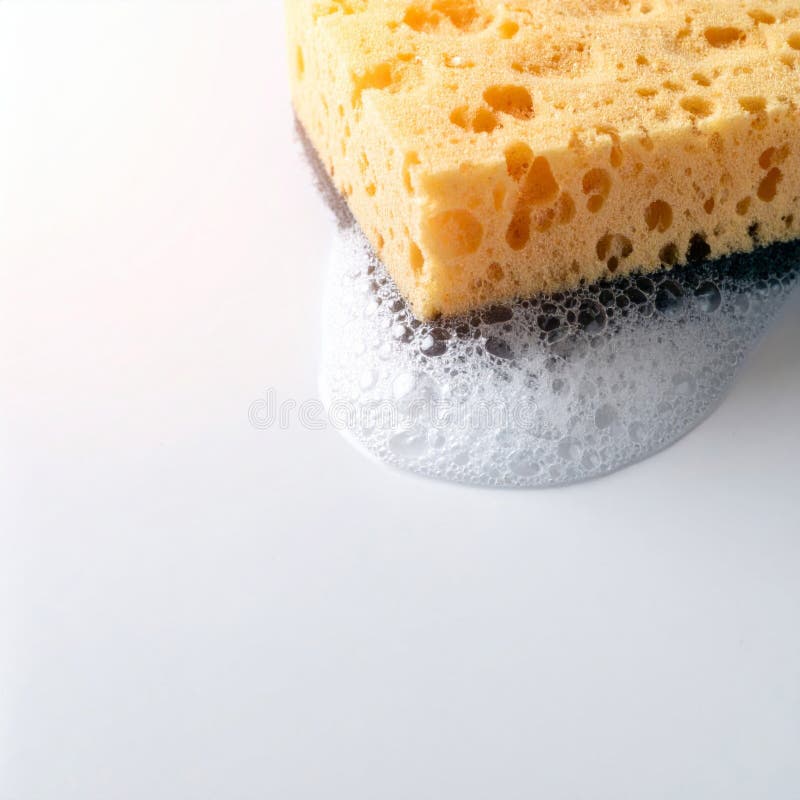 Yellow Cleaning Sponge with Soap Foam on White Background Stock ...