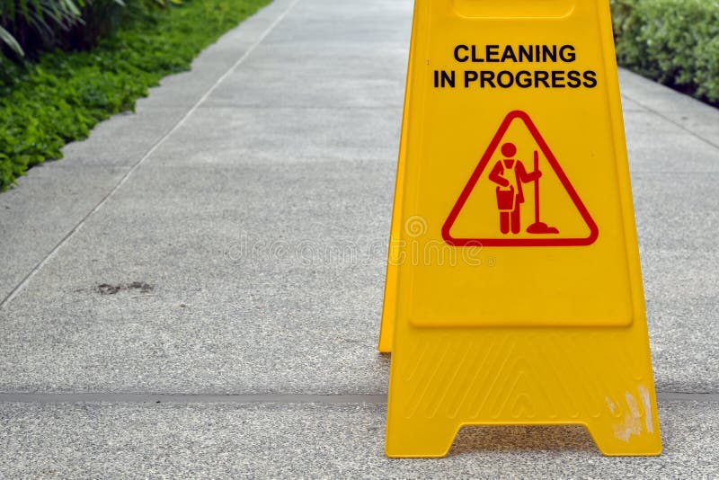 Yellow Cleaning Warning Sign on Sidewalks. Stock Image - Image of ...
