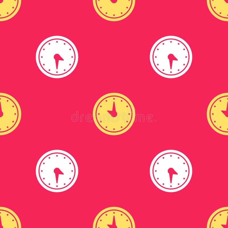 Yellow Clock Icon Isolated Seamless Pattern on Red Background. Time ...