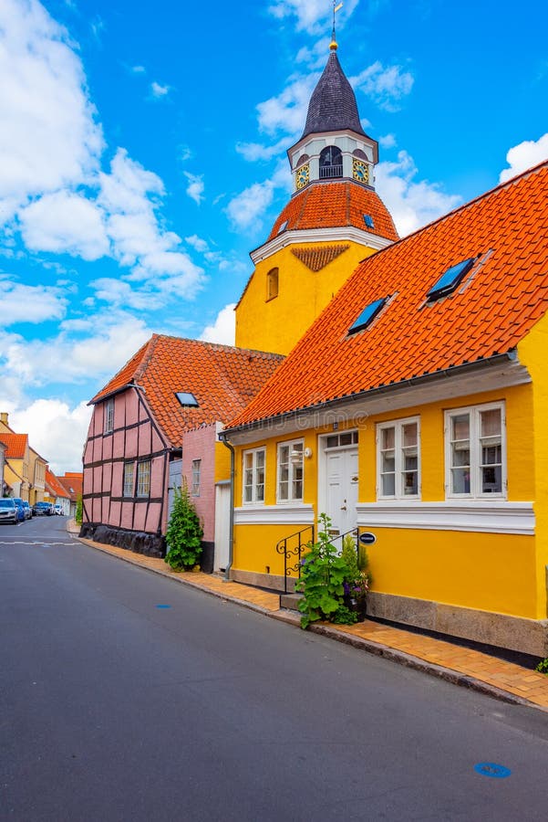 Yellow Clock Tower in Faaborg, Denmark Stock Photo - Image of balcony ...