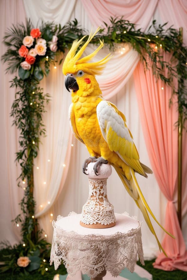 Yellow Cockatoo Perched on a Stand Stock Illustration - Illustration of ...