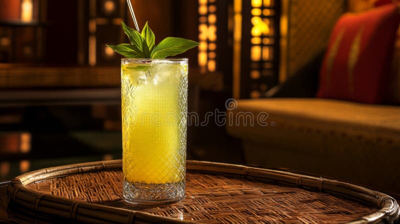 Yellow Cocktail with Mint Garnish in Elegant Lounge Setting Stock ...