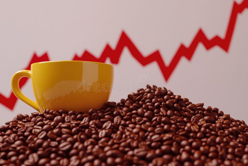 Yellow Coffee Cup Resting on Coffee Beans with Red Negative Chart in ...