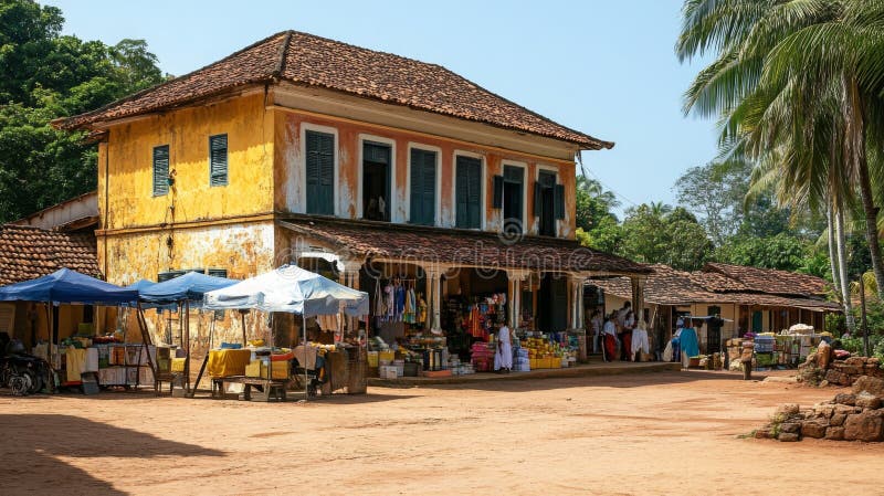 A Yellow Colonial Building with a Shop Front in a Tropical Village ...