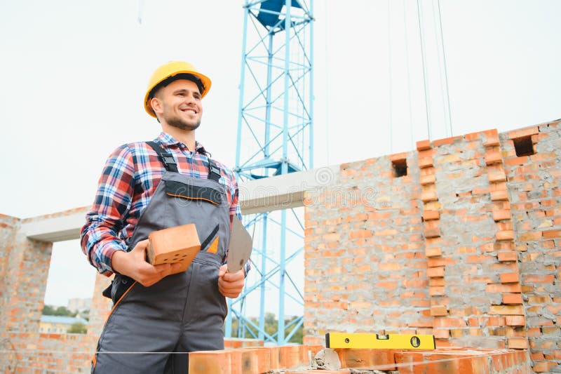 Yellow Colored Hard Hat. Young Man Working in Uniform at Construction ...