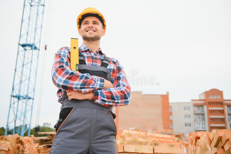 Yellow Colored Hard Hat. Young Man Working in Uniform at Construction ...