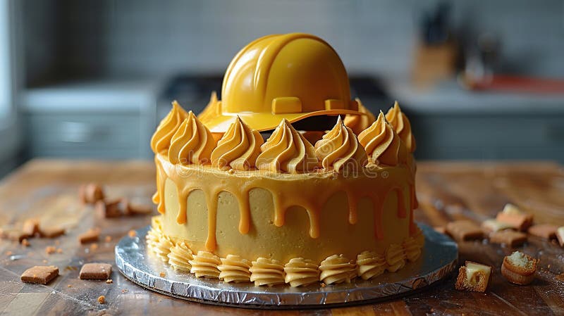 Yellow Construction Cake with Hard Hat Stock Illustration ...