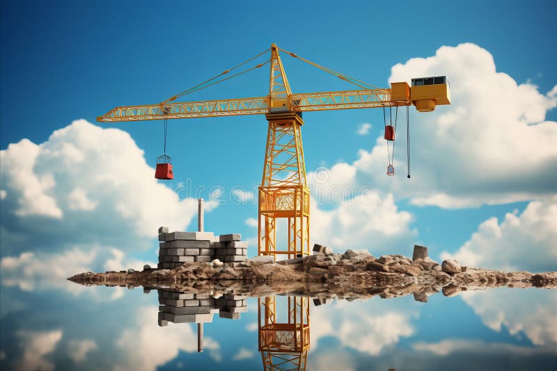 Yellow Construction Crane Erecting Mirrored Facade on Tall Skyscraper ...