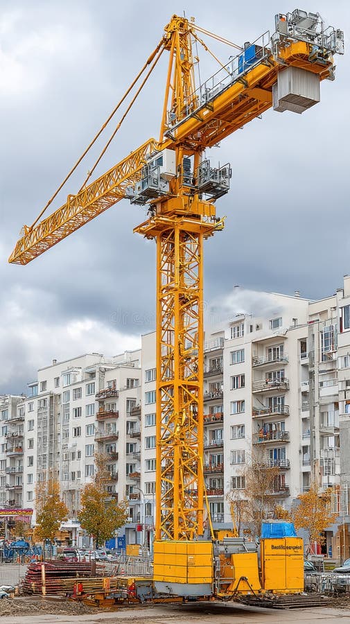 A Yellow Construction Crane Stands Tall Against the Backdrop of Urban ...