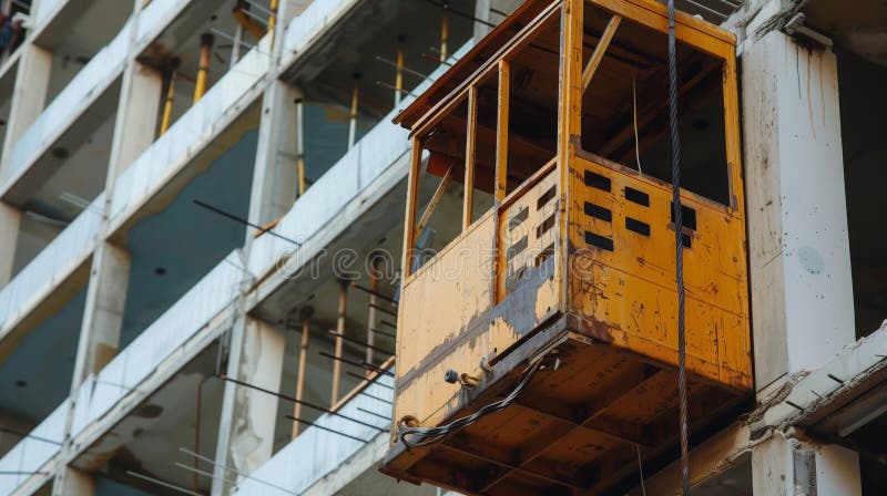 A Yellow Construction Elevator Hangs Against a Concrete Building Under ...