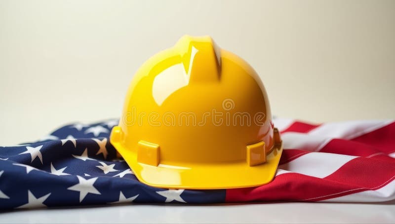 Labor Day . Yellow Construction Hard Hat on American Flag Representing ...