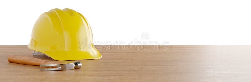 Hammer and Yellow Construction Hard Hat Resting on Wood Surface Banner ...
