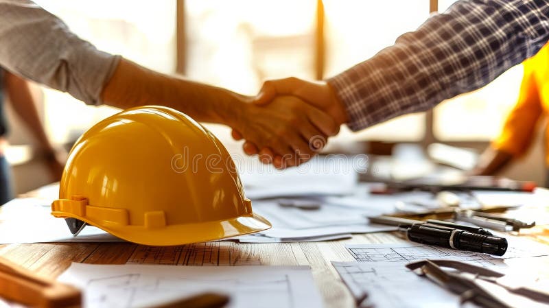 Yellow Construction Hard Hat Placed on a Table during a Handshake ...