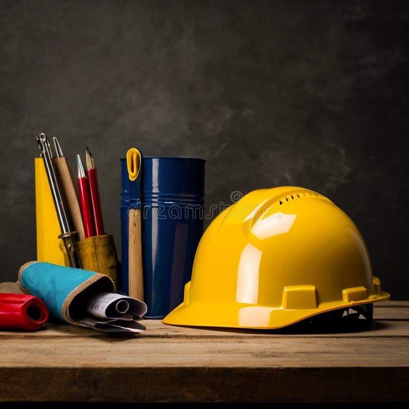 Yellow Construction Hard Hat with Tools and Blueprints on a Wooden ...