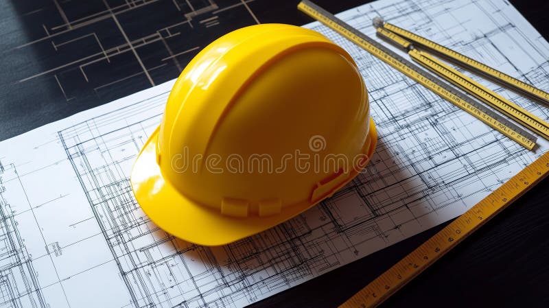 Yellow Construction Helmet on Architectural Blueprints, Symbolizing ...