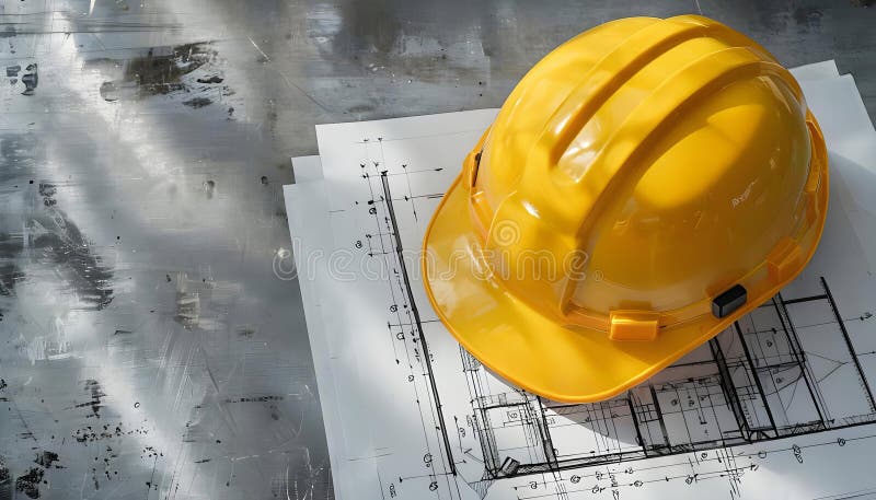 Yellow Construction Helmet on Blueprints on Metallic Surface ...