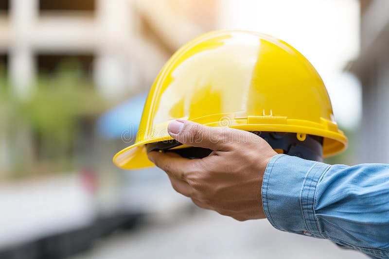 Yellow Construction Helmet in the Hands of a Builder Stock Illustration ...