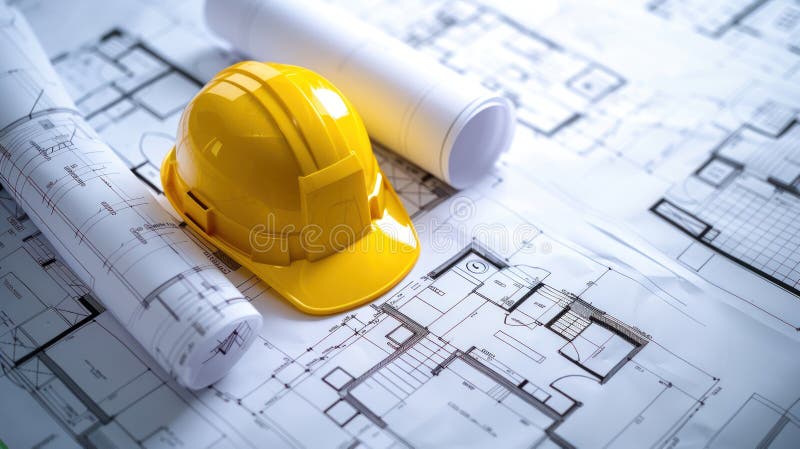 Yellow Construction Helmet Resting on Architectural Blueprint Stock ...