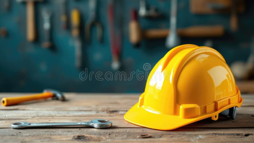 Yellow Construction Helmet on Workshop Table with Tools in Background ...