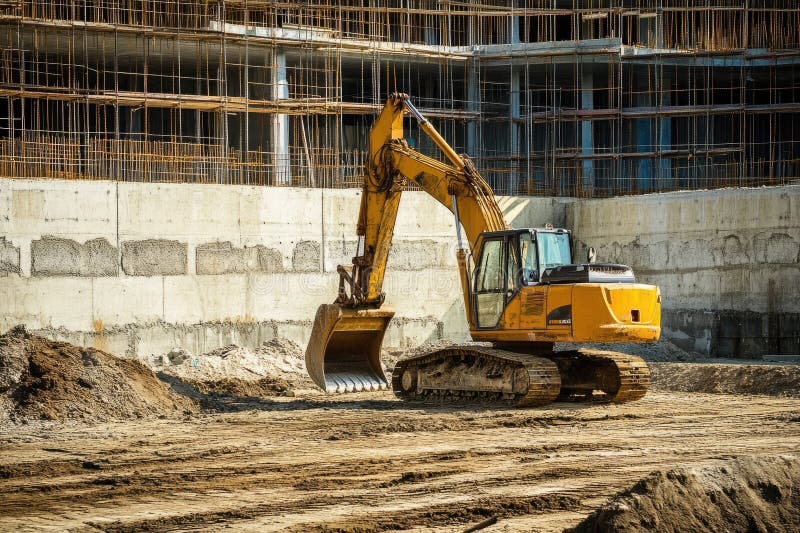 A Yellow Construction Machine is Parked in a Dirt Field, a Large ...