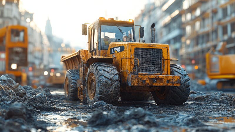 Yellow Construction Vehicle on Muddy City Stock Illustration ...