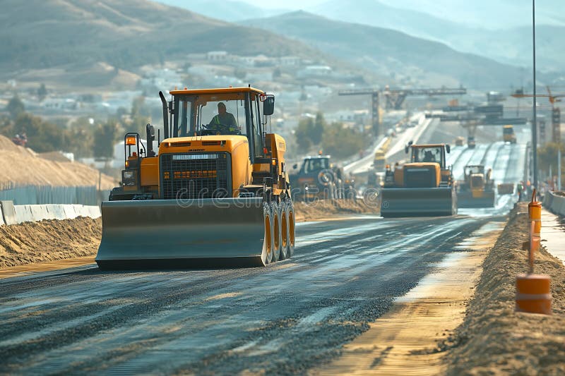 Yellow Construction Vehicles Working on a Road Project Stock ...