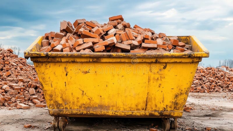 Construction Waste Skip Full of Bricks during Building Demolition Stock ...
