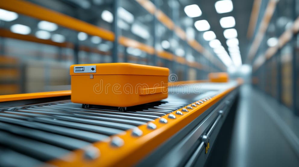 Yellow Container Transported on Industrial Conveyor Belt System in ...