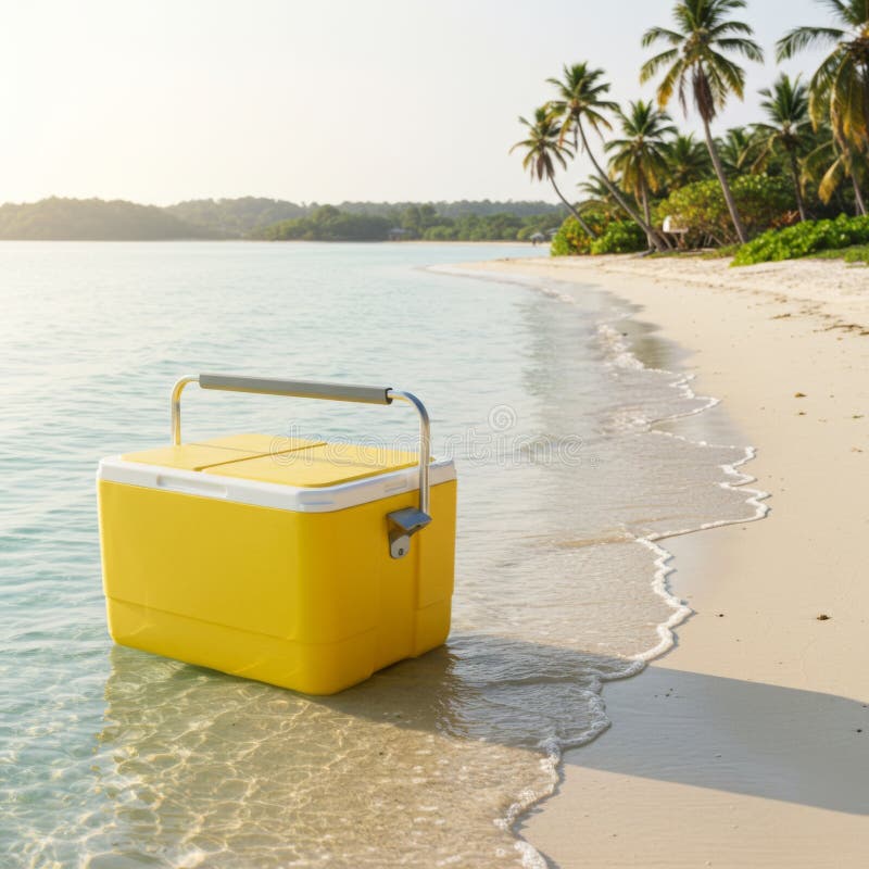 Yellow Cooler on Tropical Beach at Sunset Stock Illustration ...