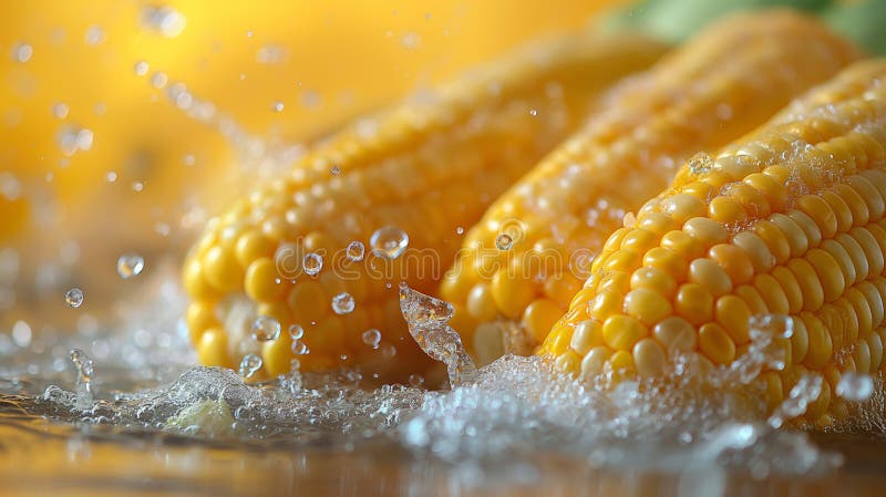 3 Yellow Corn Cobs Being Washed with Water, Splashes of Water Around ...