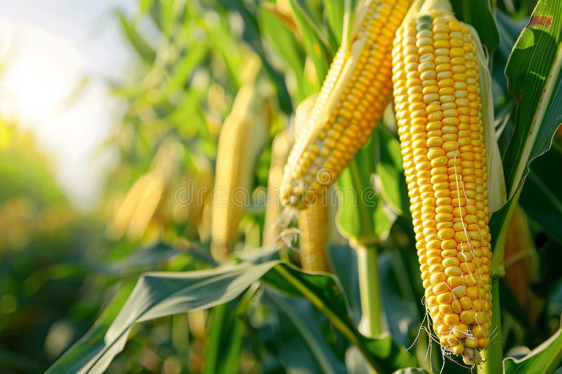 Yellow Corn Cobs in Corn Plantation Field with Copy Space for Text ...