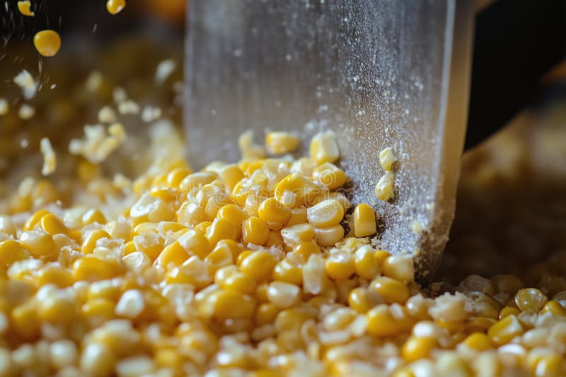 Yellow Corn Kernels Being Cut and Processed in a Kitchen during Food ...