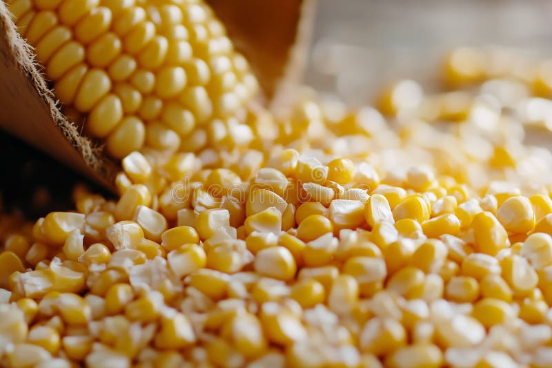 Yellow Corn Kernels Pouring from a Burlap Sack on a Wooden Surface in a ...