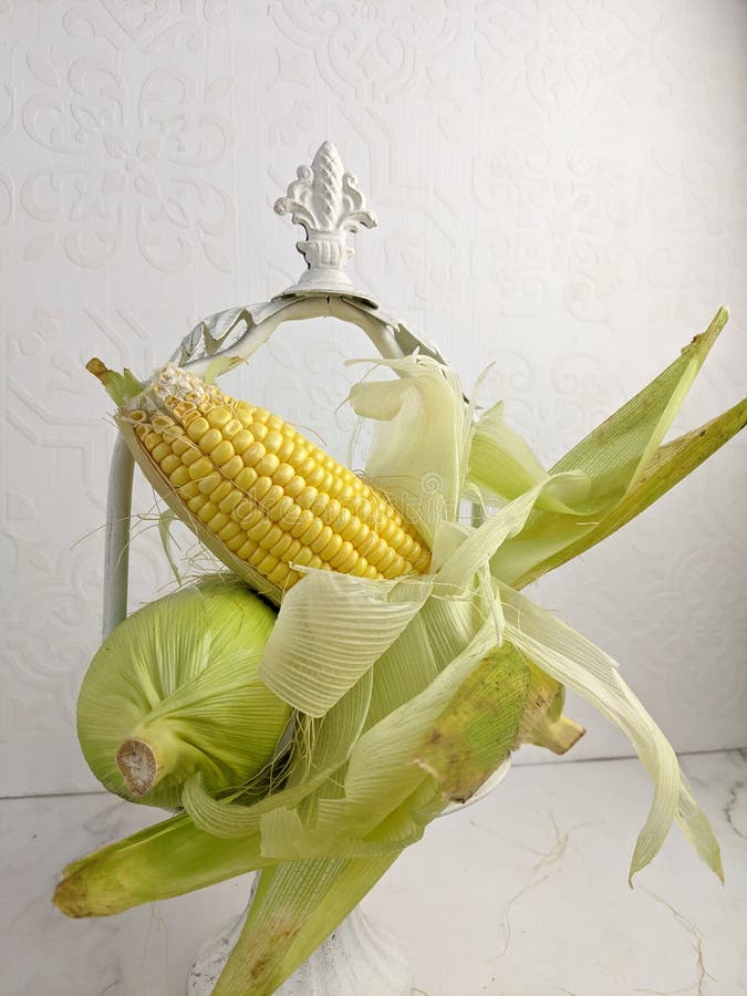 Peeled Fresh Corn with Leaves on the Iron Rack with White and Bright ...