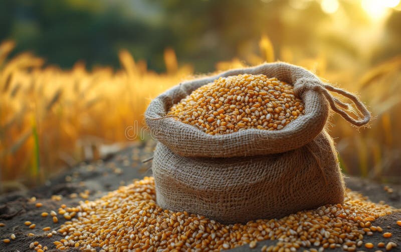 Yellow Corn or Maize in the Sack on the Field with the Sun Stock Photo ...