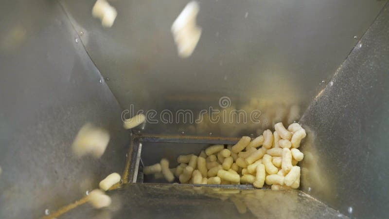 Yellow Corn Sticks Falling Down into a Metal Container. Automatic ...