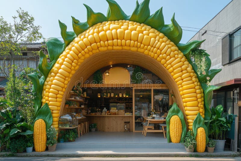A Yellow Corn Structure with Green Leaves and a Sign that Says Corn ...