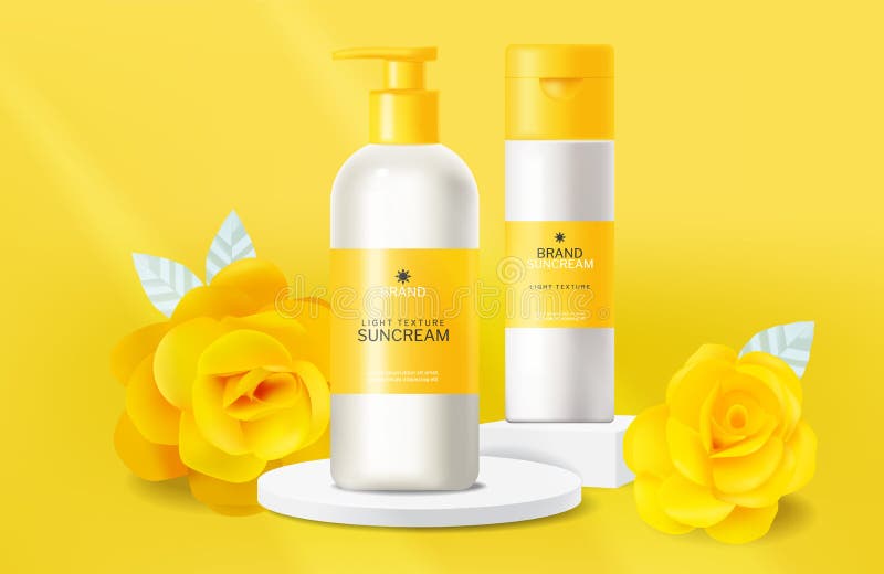 Yellow Cosmetics Sunscreen Lotion Vector Realistic. Product Placement ...