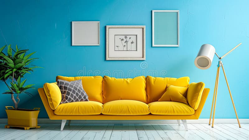 Yellow Couch Sits in Front of a Blue Wall Stock Photo - Image of house ...
