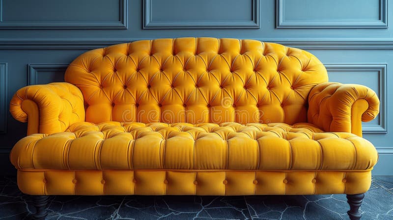 A Yellow Couch Sitting in Front of a Blue Wall, AI Stock Photo - Image ...