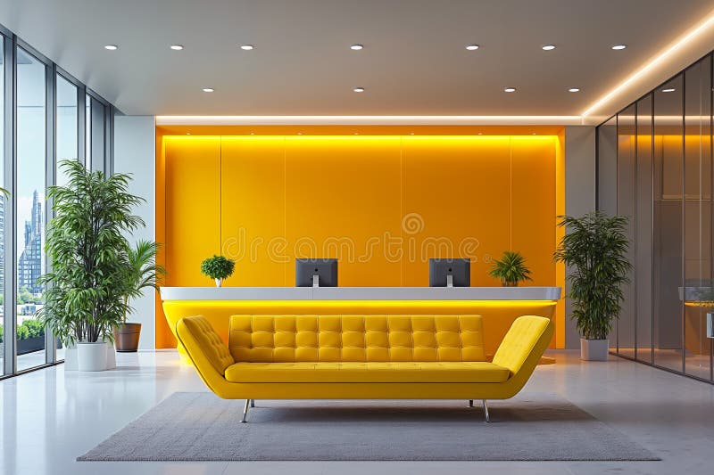 A Yellow Couch Sitting in Front of a Yellow Reception Desk Stock Image ...