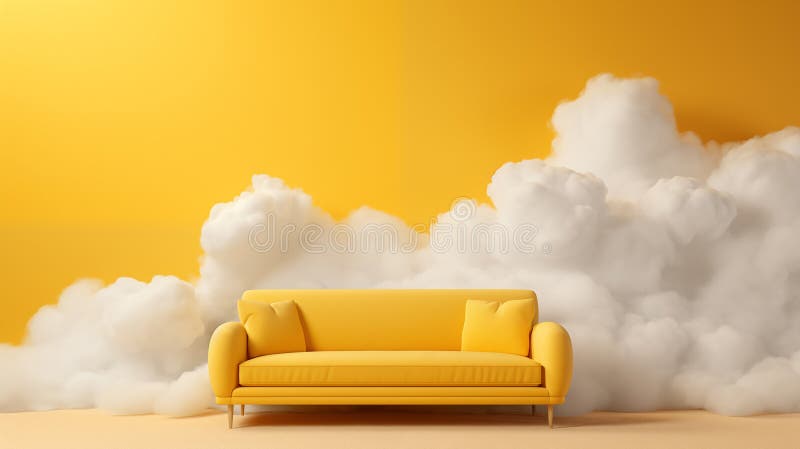 A Yellow Couch is Sitting in Front of a Wall Covered in Clouds Stock ...