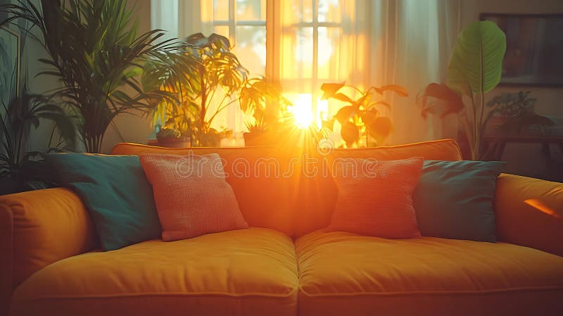 Yellow Couch with Sunbeams in the Window Stock Photo - Image of homey ...