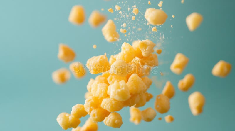 Yellow Crispy Food Pieces Flying Against Blue Background Stock ...