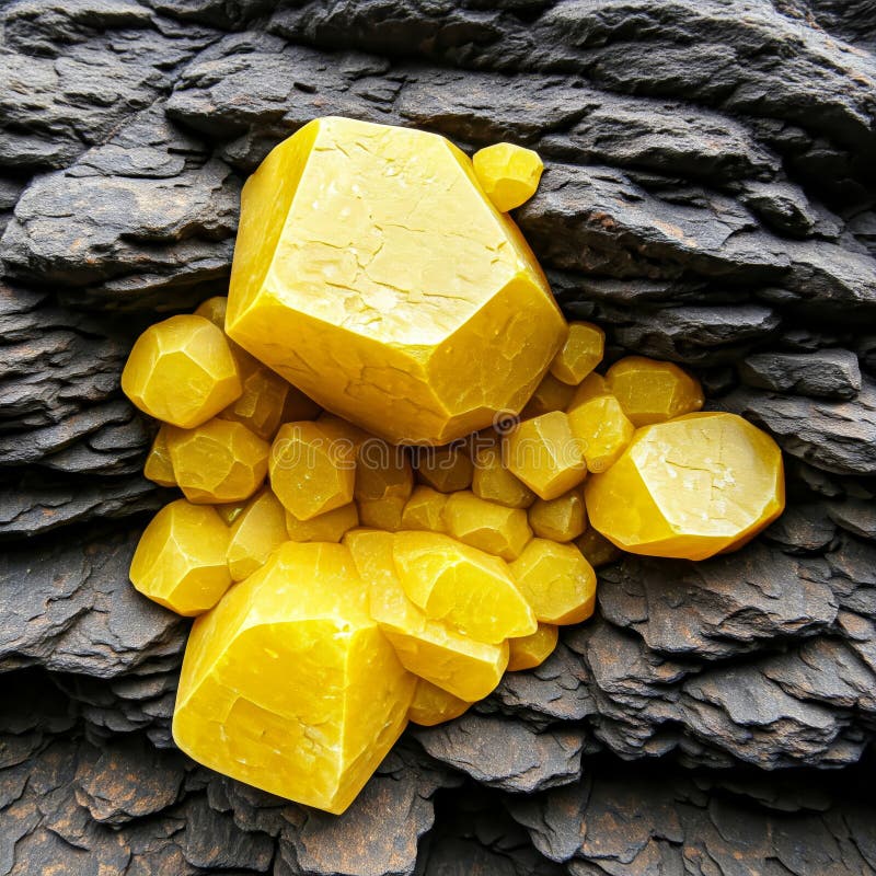 Yellow Crystals Formed in Geometric Shapes on Dark Rock Surface Stock ...