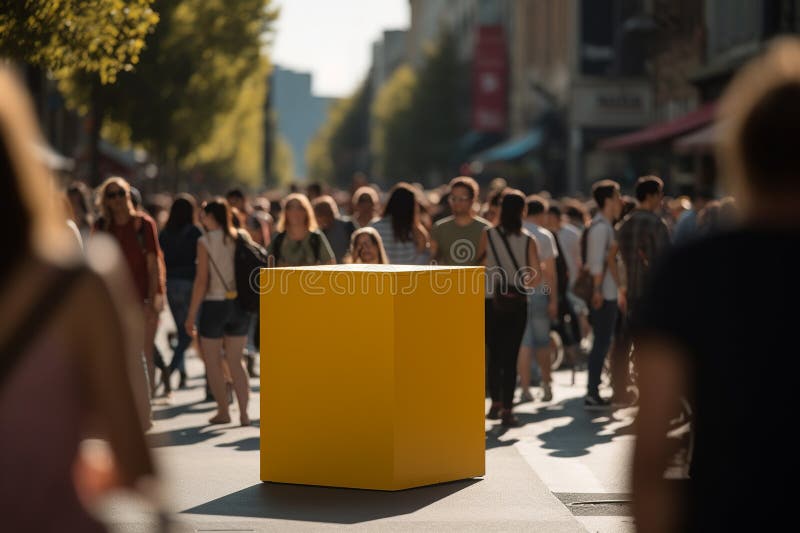 A Yellow Cube on a City Street among a Blurred Crowd. Architectural ...