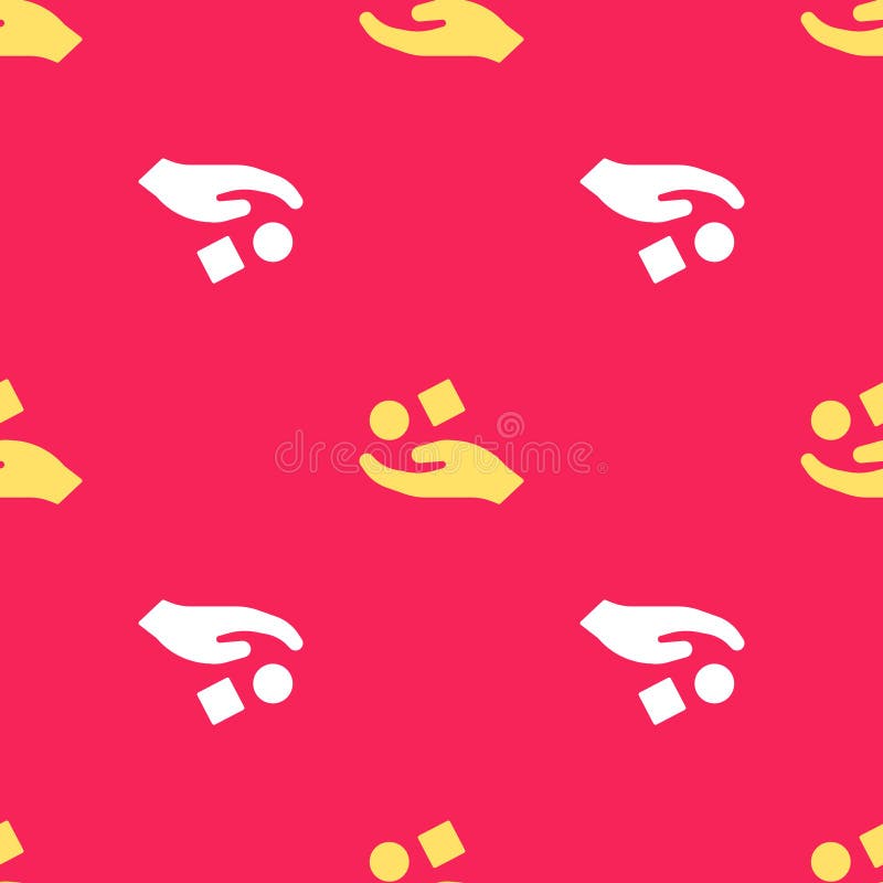 Yellow Cube Levitating Above Hand Icon Isolated Seamless Pattern on Red ...
