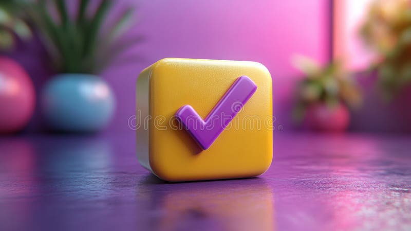 Yellow Cube with Purple Checkmark, Vibrant Colors. Modern Technology ...