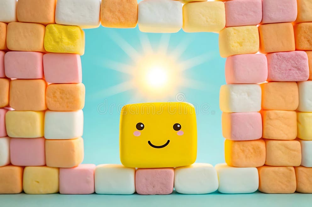 Cheerful Yellow Cube Smiling Inside Marshmallow Frame with Sunburst ...