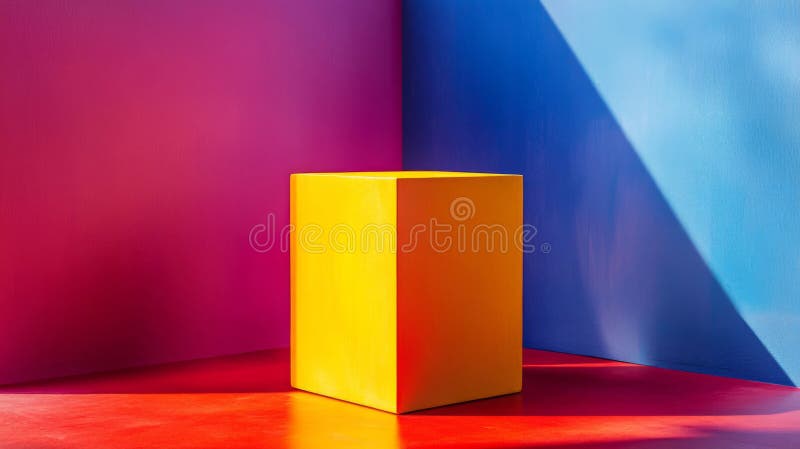 Yellow Cube on Vibrant Red, Blue, and Pink Background Stock ...